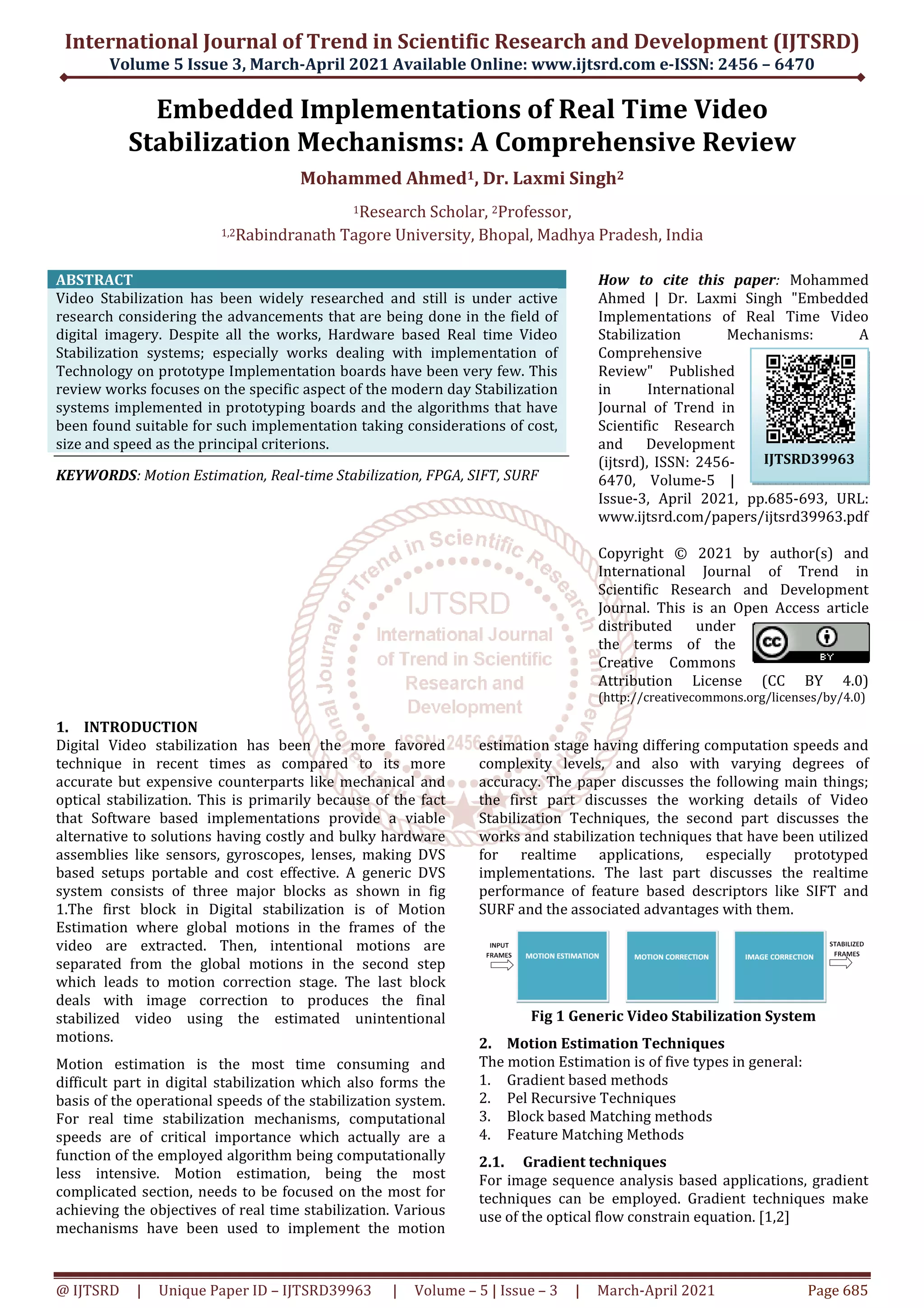 Embedded Implementations of Real Time Video Stabilization Mechanisms A Comprehensive Review ...