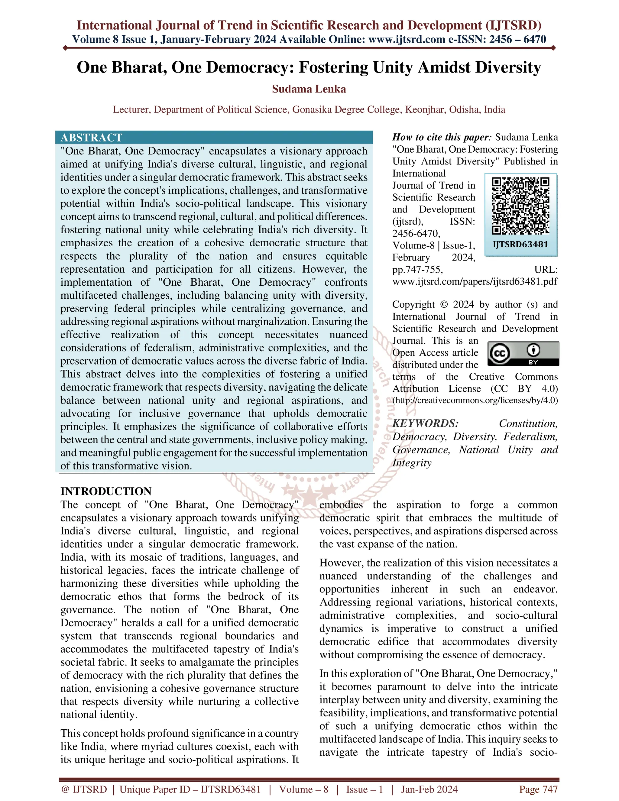 One Bharat, One Democracy Fostering Unity Amidst Diversity | PDF