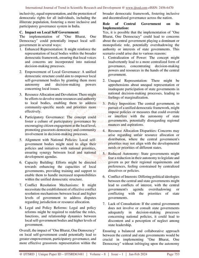 One Bharat, One Democracy Fostering Unity Amidst Diversity | PDF