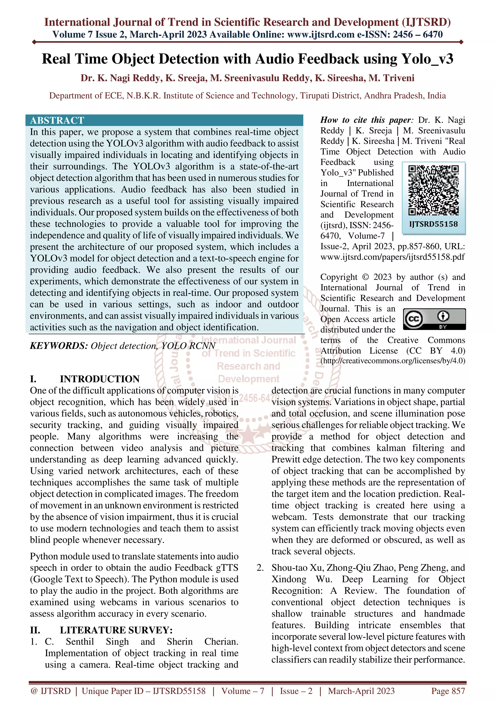 Real Time Object Detection with Audio Feedback using Yolo v3 | PDF