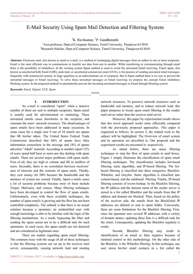 E Mail Security Using Spam Mail Detection And Filtering System Pdf