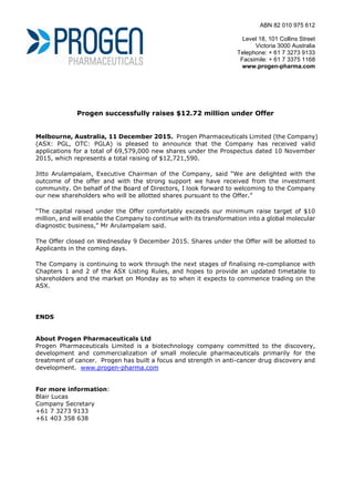 Progen Successfully raises $12.72 M under offer | PDF