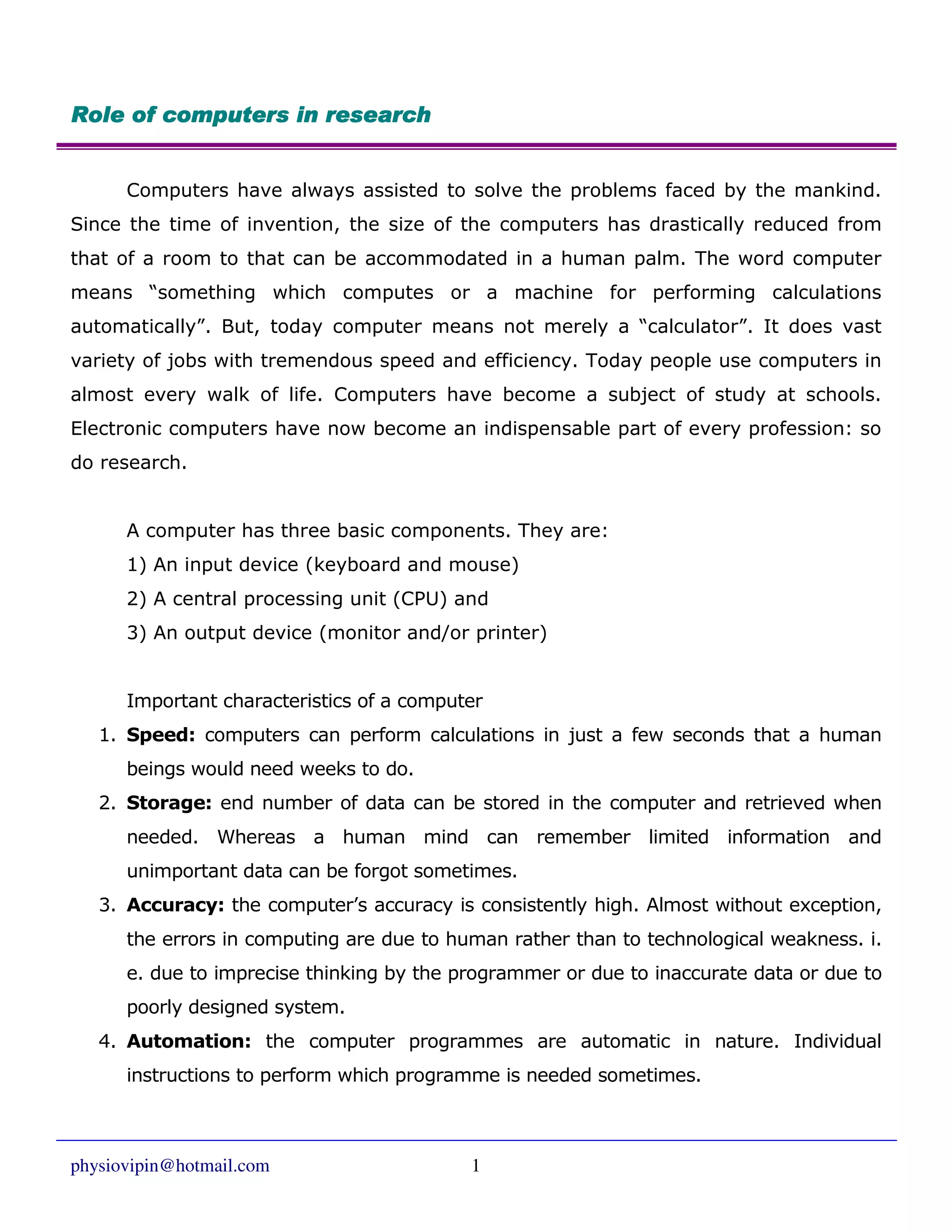 Role of computers in research | PDF