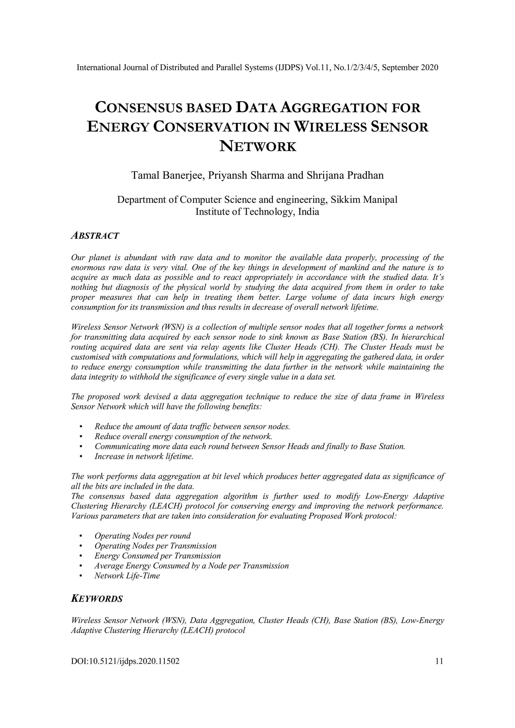CONSENSUS BASED DATA AGGREGATION FOR ENERGY CONSERVATION IN WIRELESS SENSOR NETWORK | PDF