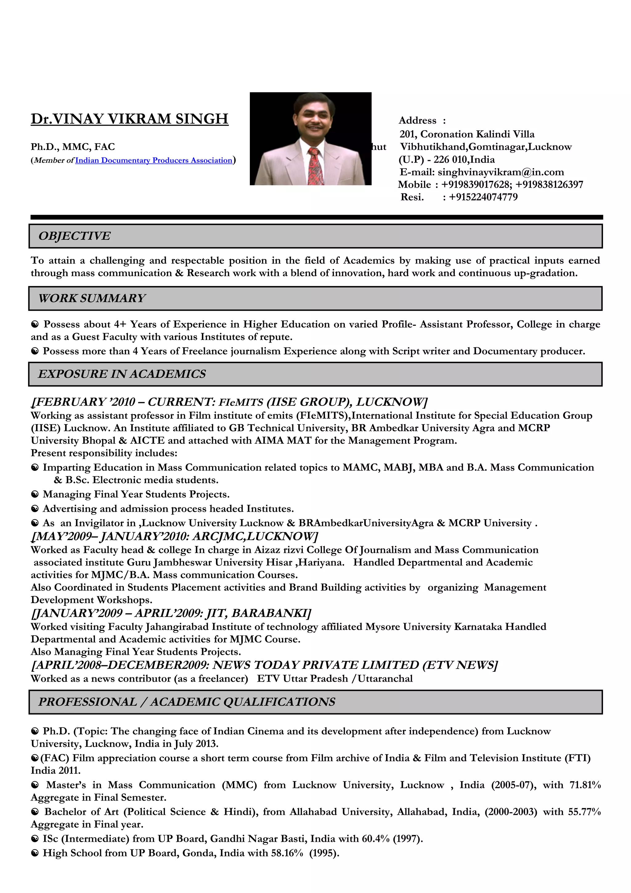 vinay_vikram_singh_kalhans | DOC | Postgraduate Education | College Education