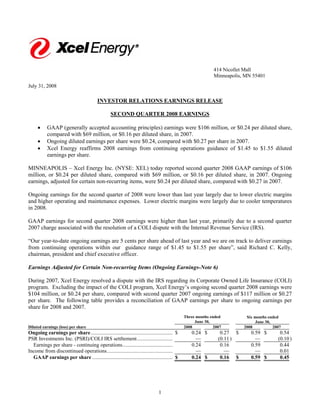 xcel energy Q208_release | PDF