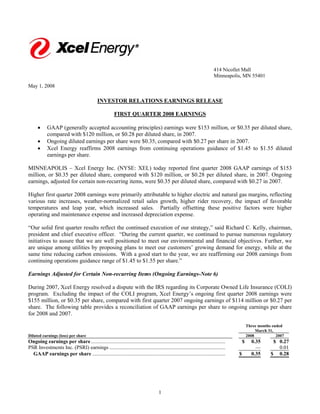 xcel energy Q108_release | PDF