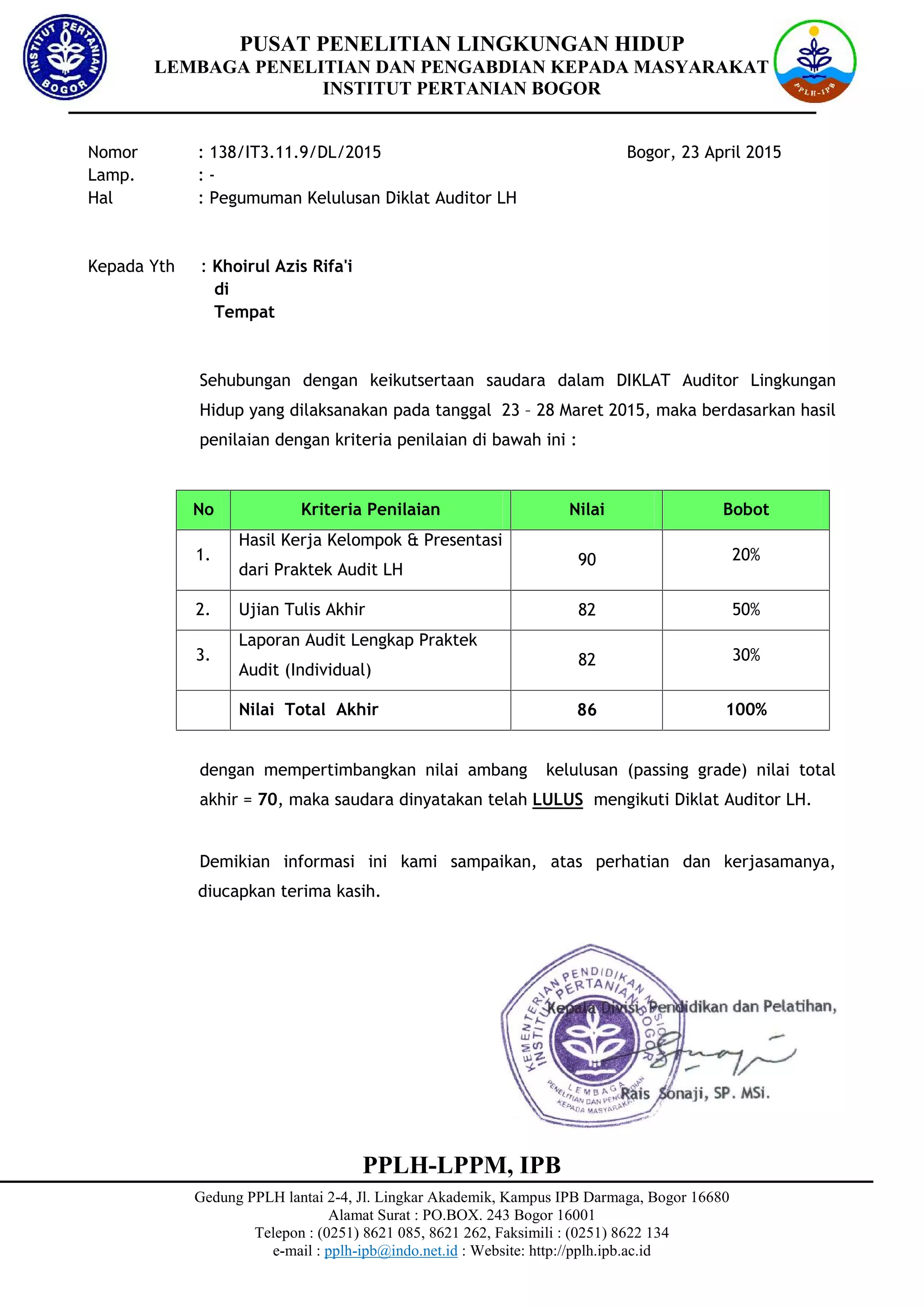 Surat Pengumuman Kelulusan DIKLAT Audit LH_Khoirul | PDF