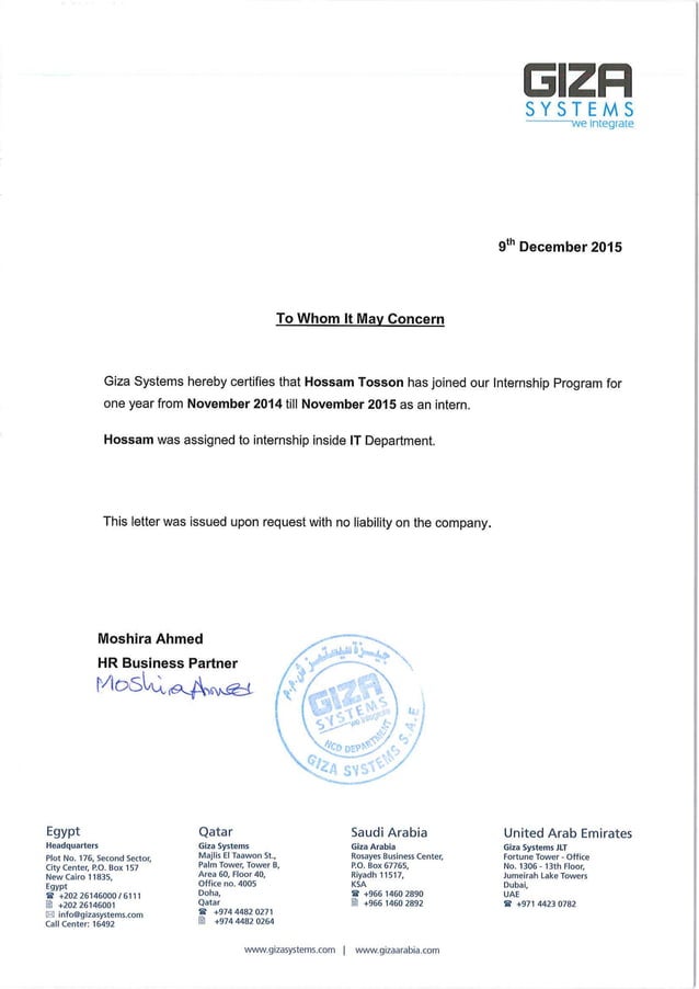 Giza Systems Experience Certificate | PDF