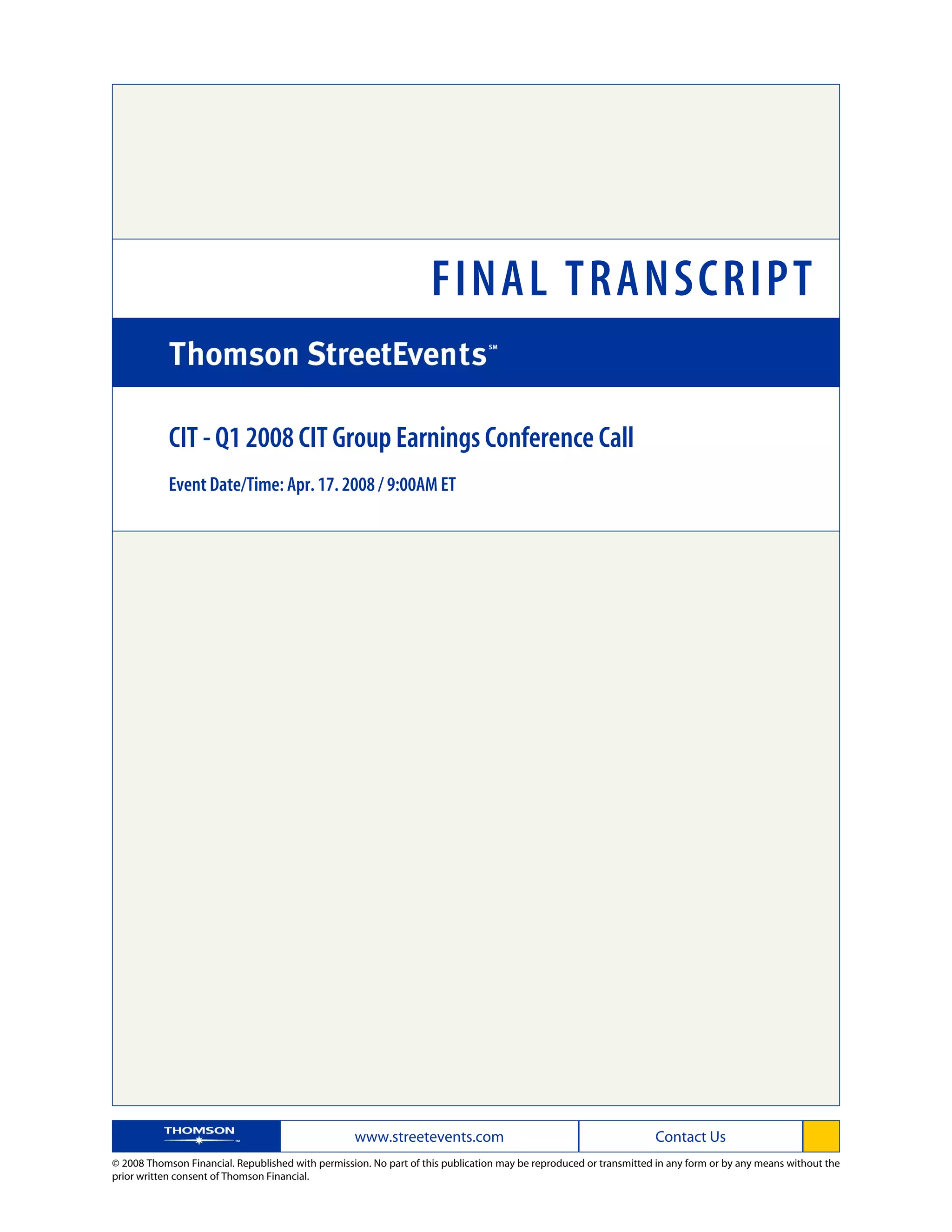 CIT 1Q 2008 TranscriptFINAL | PDF | Business Accounting & Finance ...