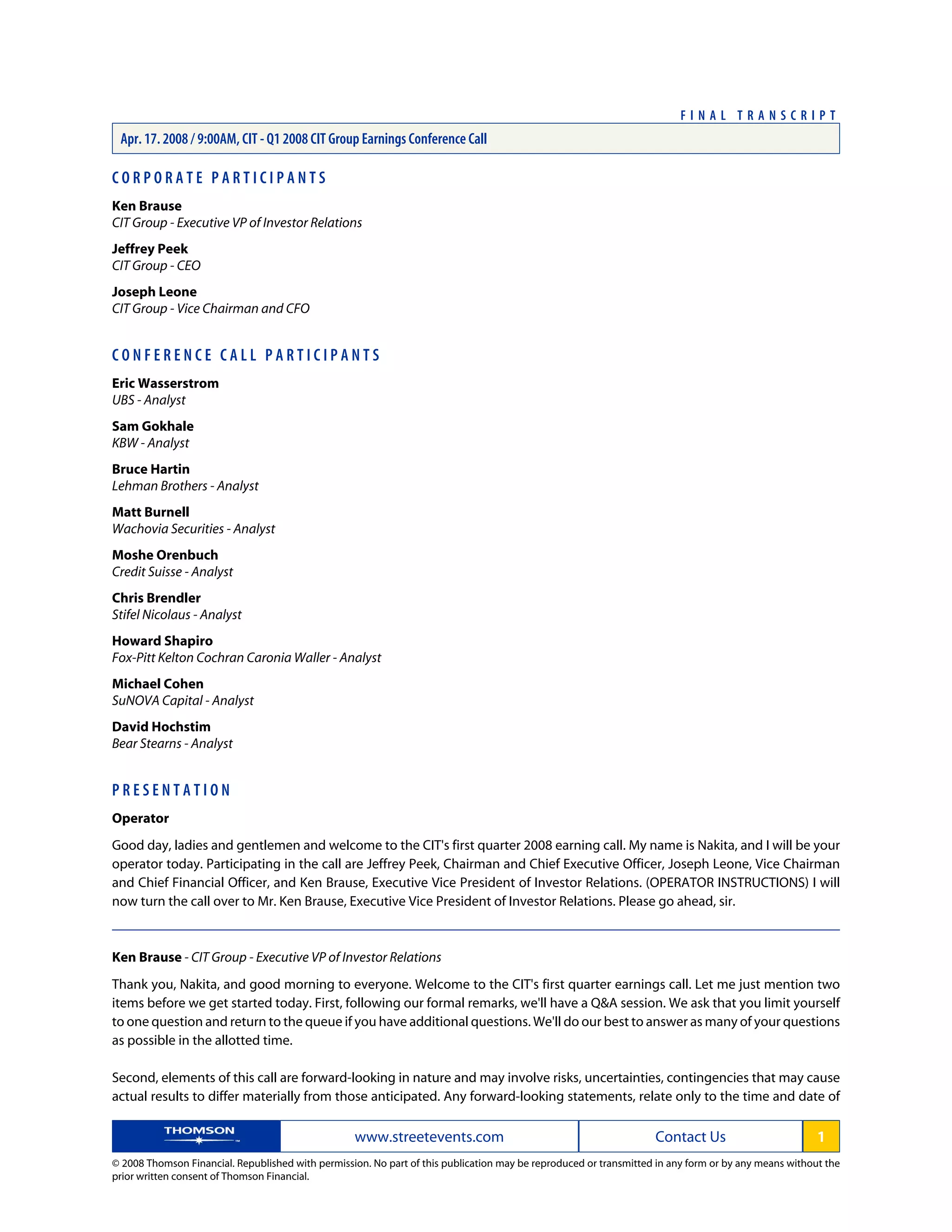 CIT 1Q 2008 TranscriptFINAL | PDF