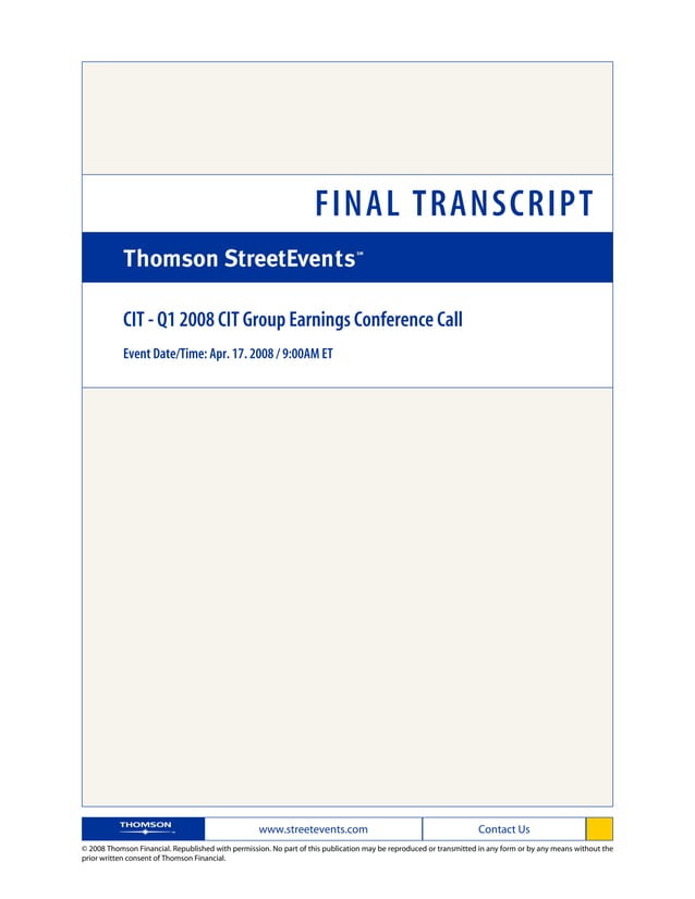 CIT 1Q 2008 TranscriptFINAL | PDF | Business Accounting & Finance ...