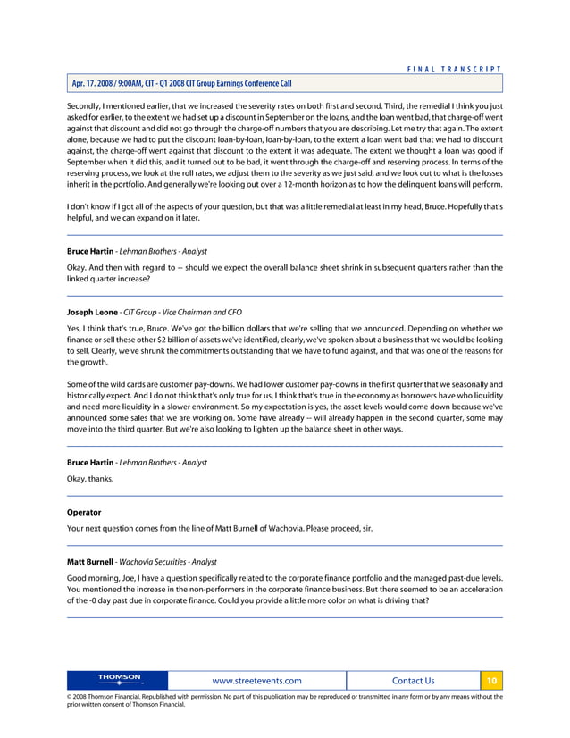 CIT 1Q 2008 TranscriptFINAL | PDF | Business Accounting & Finance ...