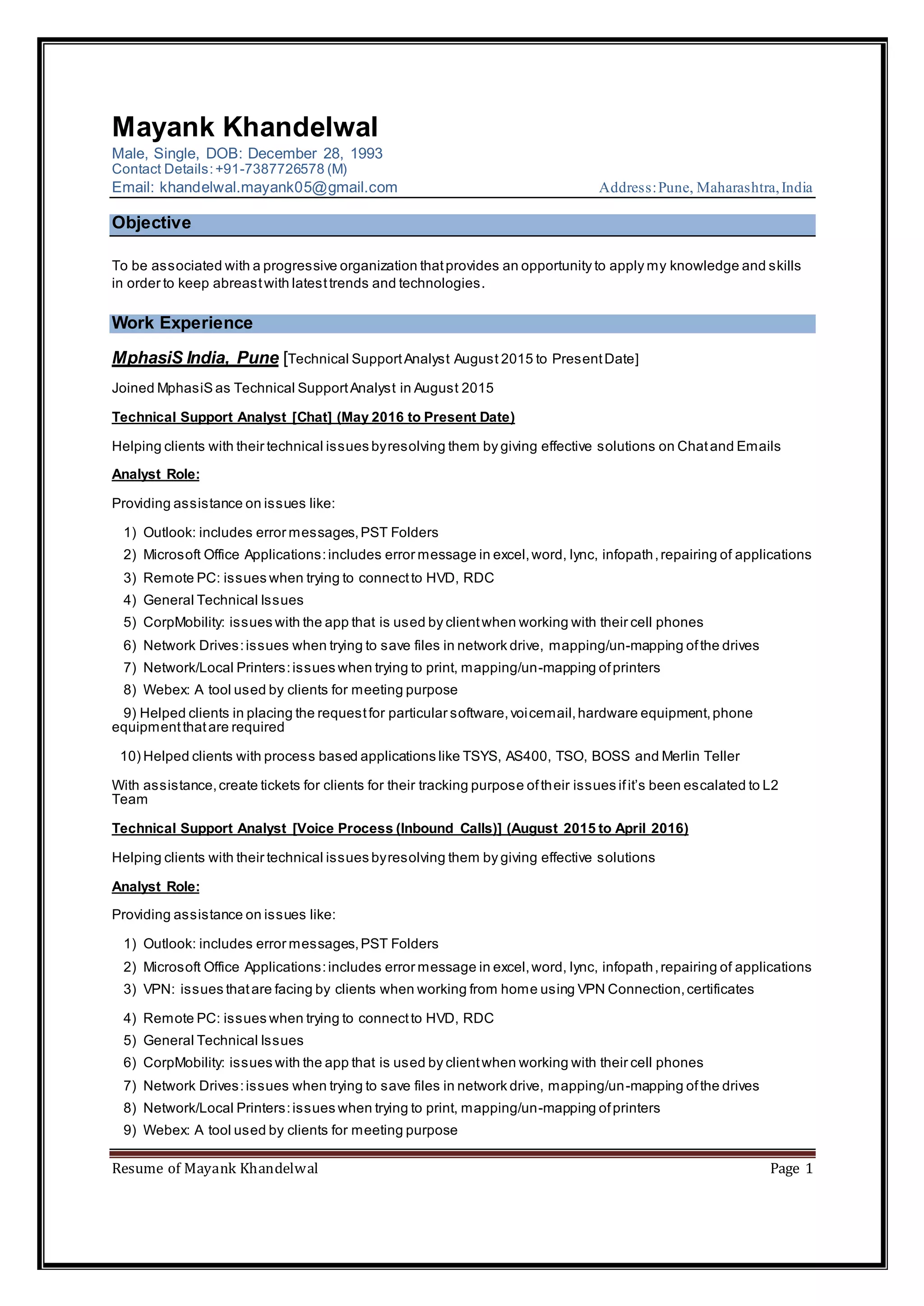 mayank_khandelwal1_resume | DOCX | IT and Internet Support | Internet