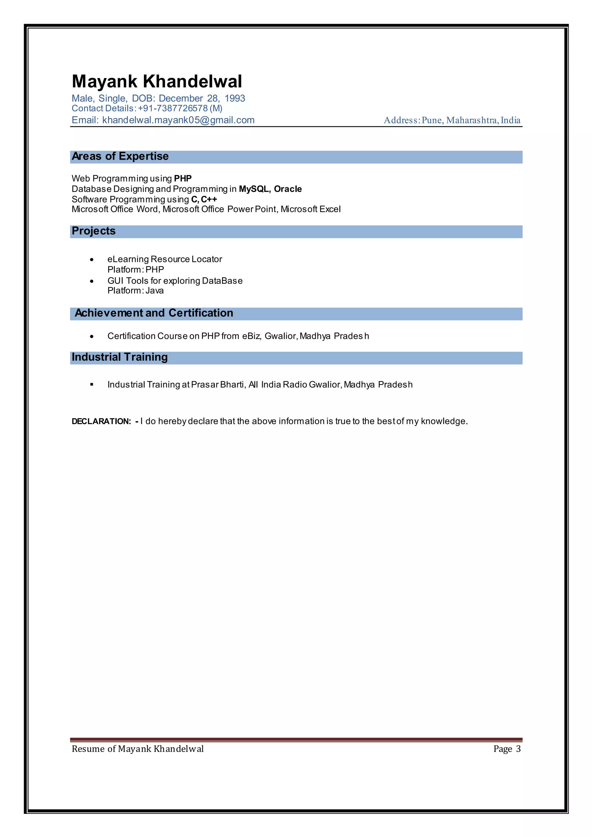 mayank_khandelwal1_resume | DOCX | IT and Internet Support | Internet