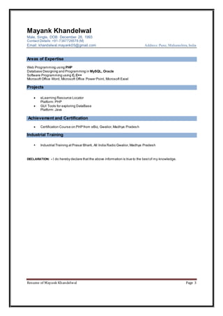 mayank_khandelwal1_resume | DOCX | IT and Internet Support | Internet