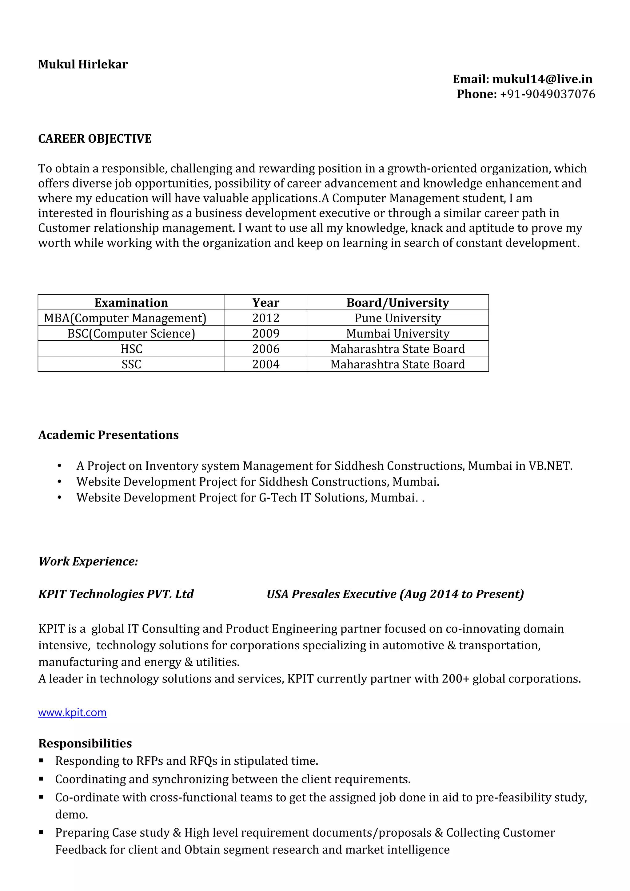 Mukul_Hirlekar_Resume | DOC | Business | Business and Finance