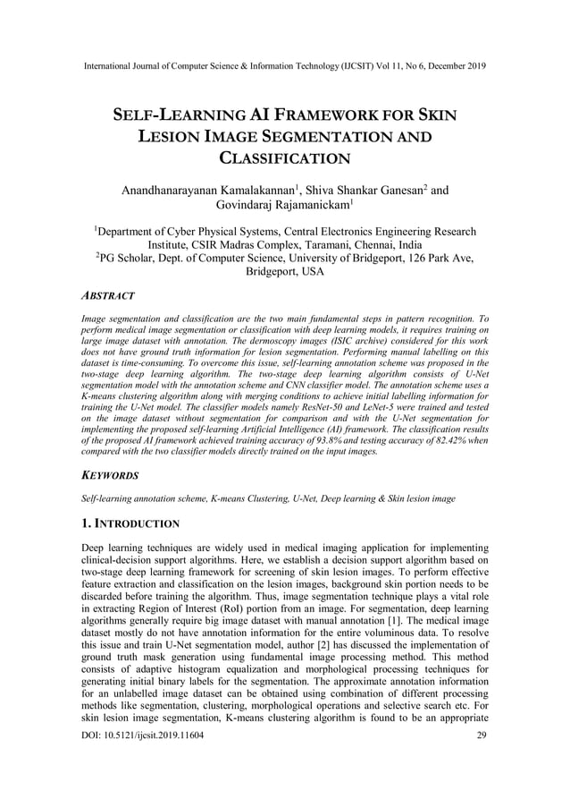 SELF-LEARNING AI FRAMEWORK FOR SKIN LESION IMAGE SEGMENTATION AND CLASSIFICATION | PDF