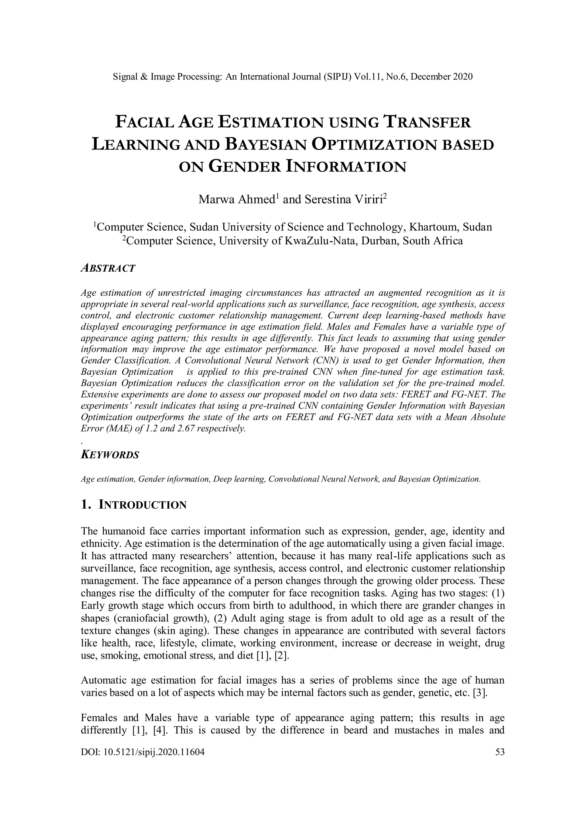 FACIAL AGE ESTIMATION USING TRANSFER LEARNING AND BAYESIAN OPTIMIZATION BASED ON GENDER ...