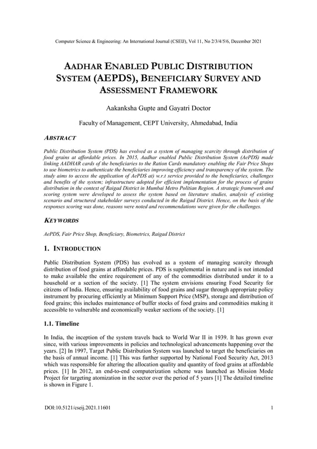 Aadhar Enabled Public Distribution System (AEPDS), Beneficiary Survey ...