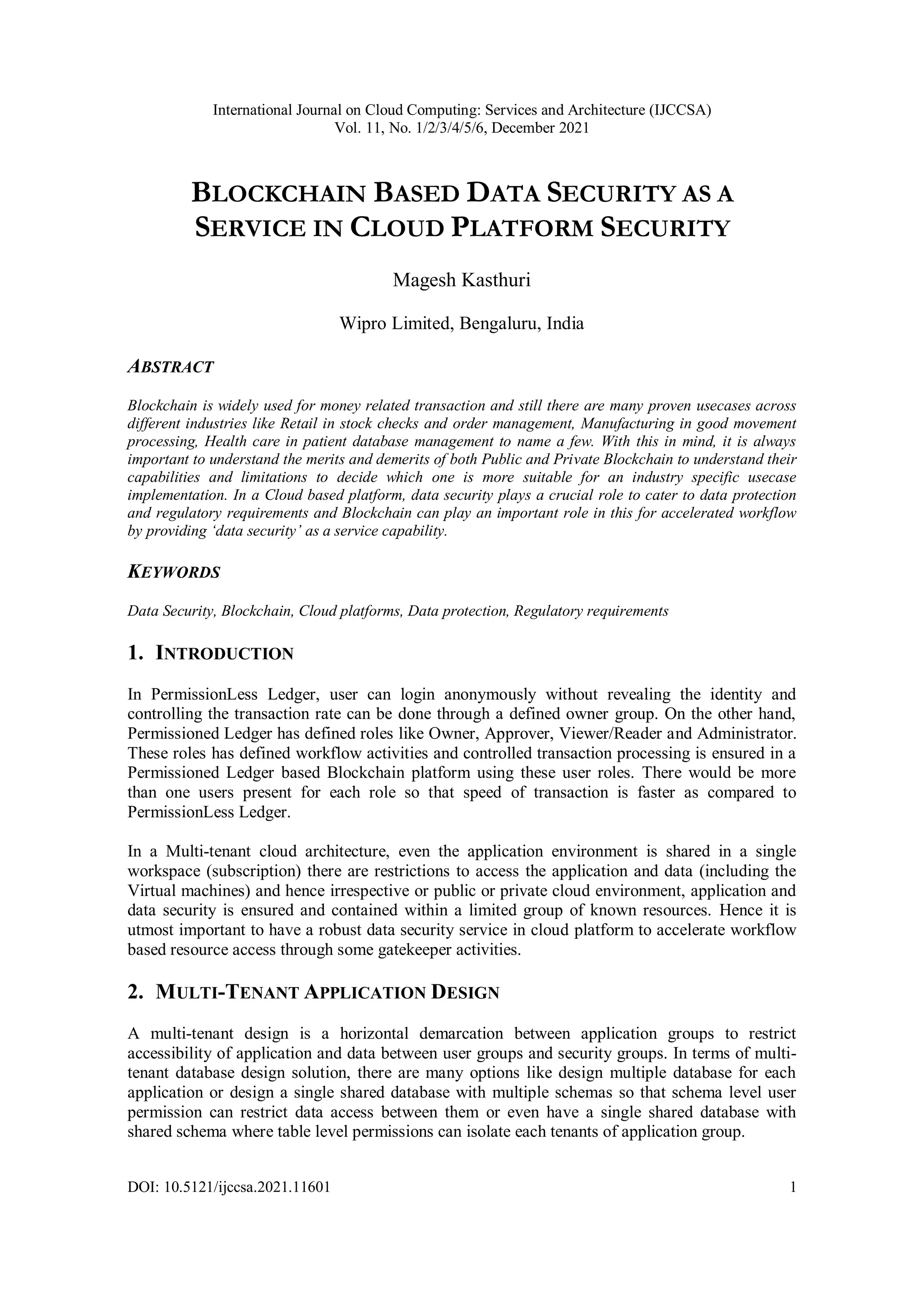 Blockchain based Data Security as a Service in Cloud Platform Security ...