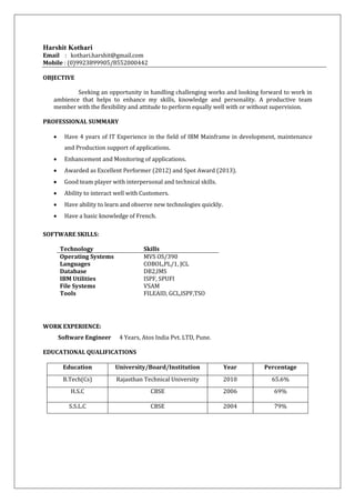 Harshit Kothari_CV_ IBM Mainframes | DOCX | Computer Software and Applications | Computing