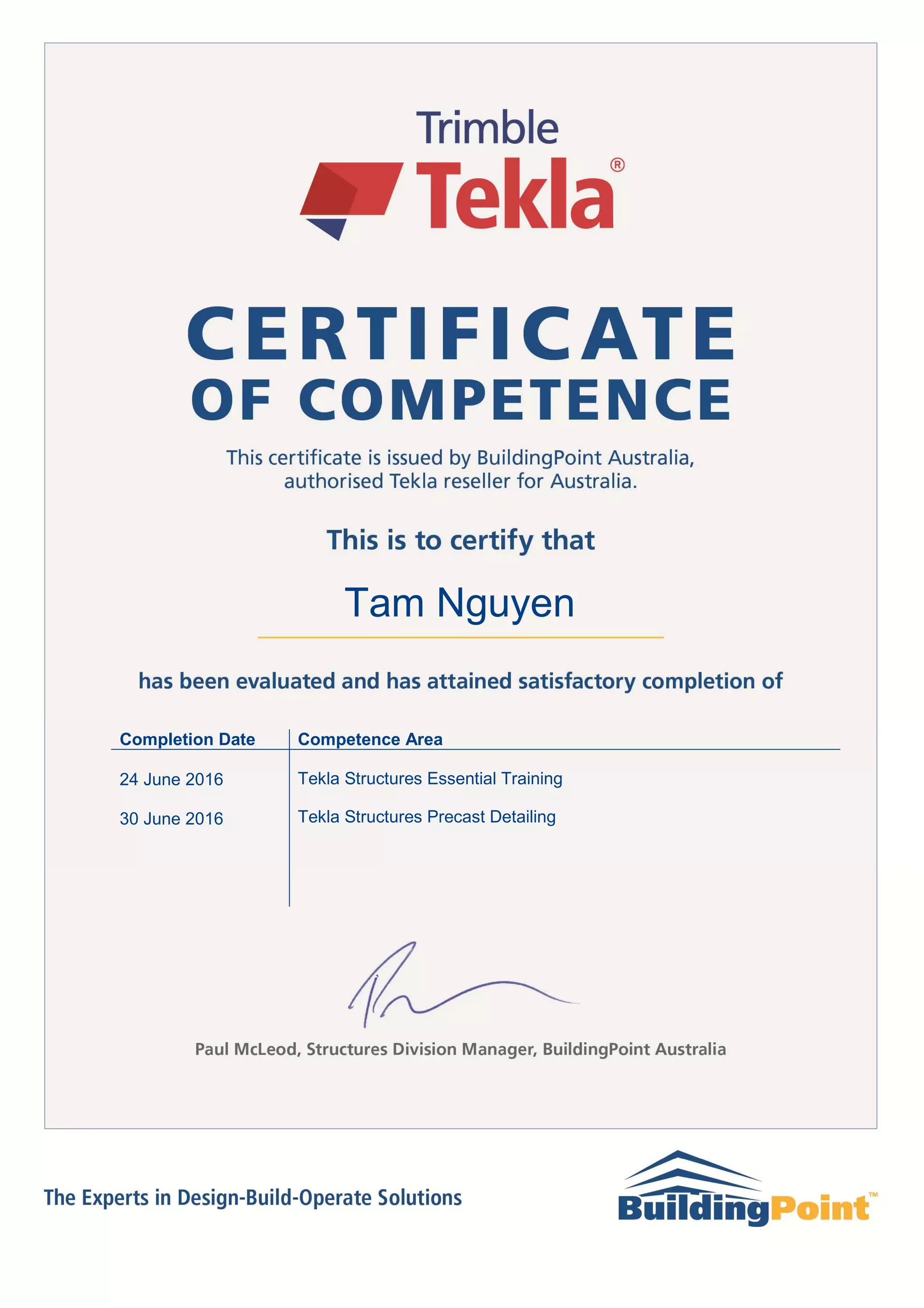 Tekla_Competence_Certificate_Tam Nguyen | PDF