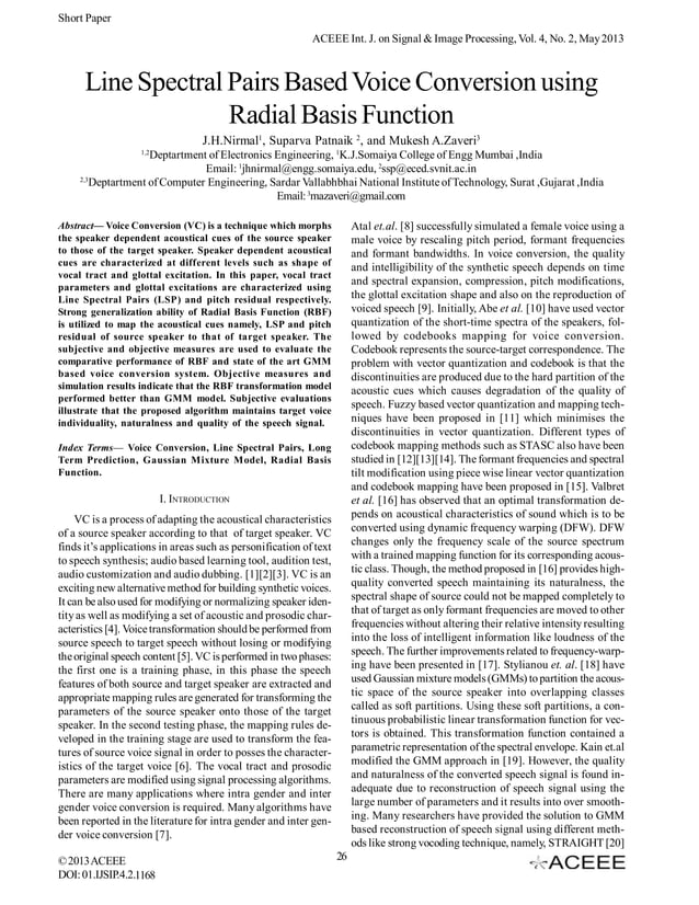 Line Spectral Pairs Based Voice Conversion using Radial Basis Function | PDF