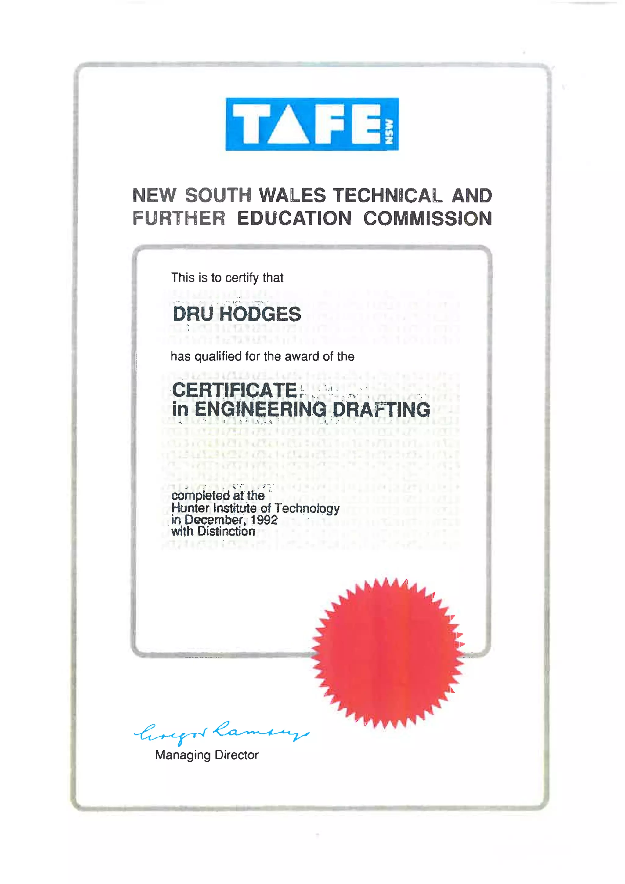 Dru Hodges Certificate in Engineering Drafting | PDF
