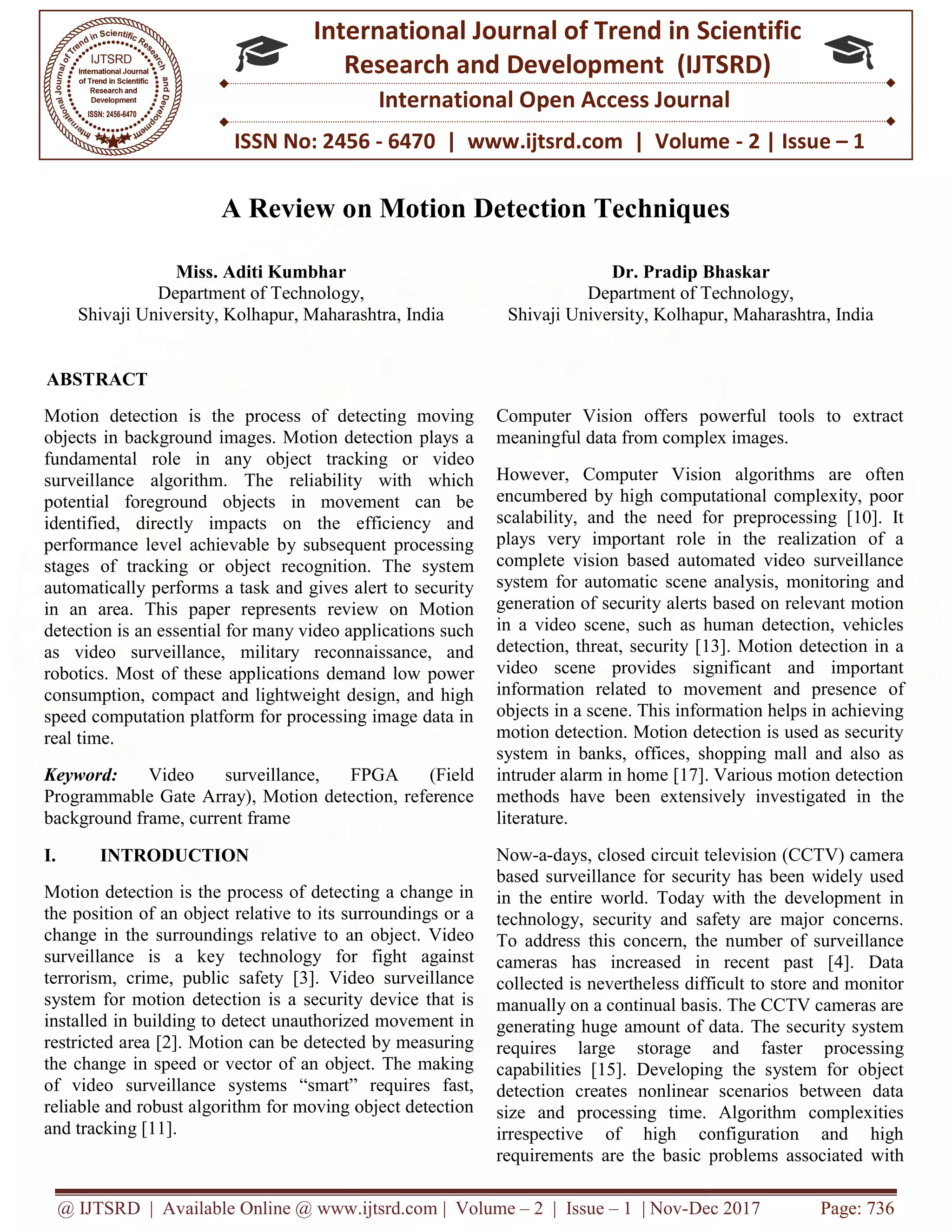 A Review on Motion Detection Techniques | PDF