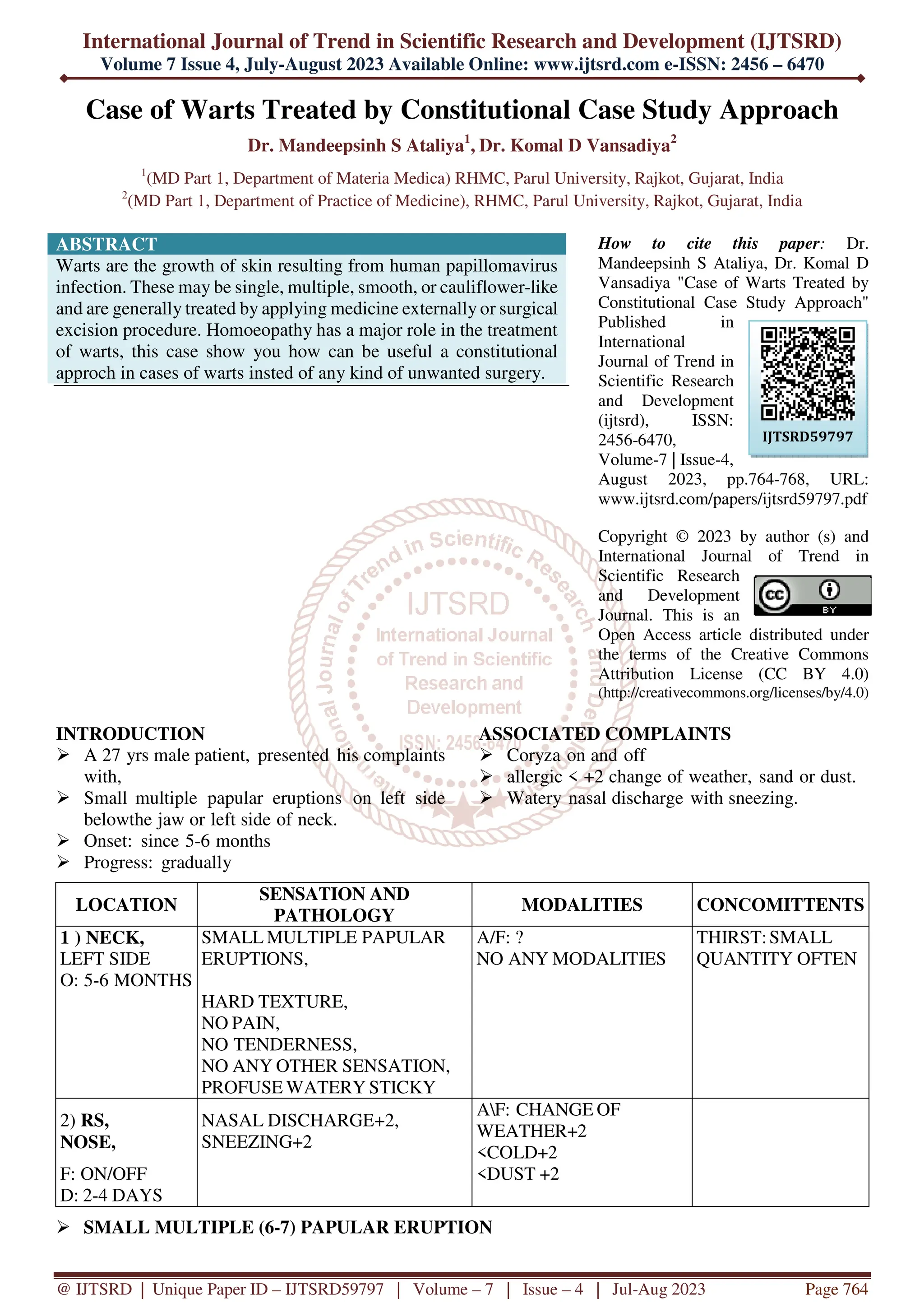 Case of Warts Treated by Constitutional Case Study Approach | PDF