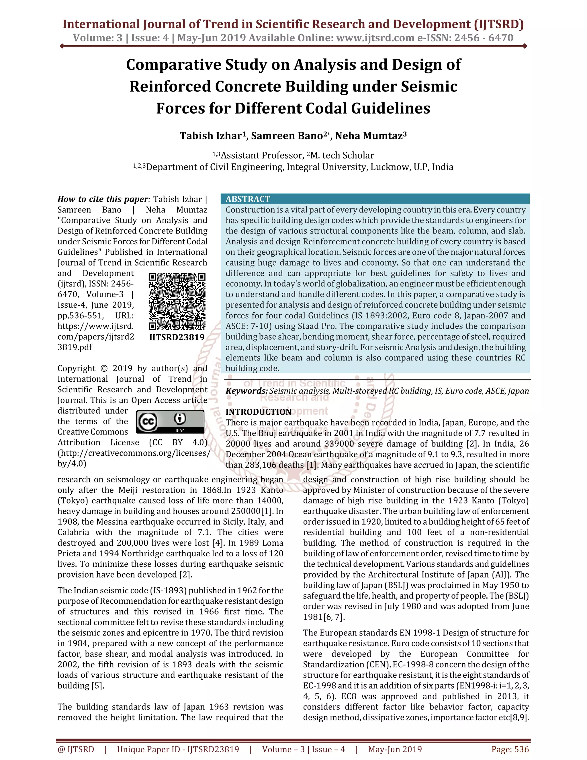 Comparative Study on Analysis and Design of Reinforced Concrete Building under Seismic Forces ...