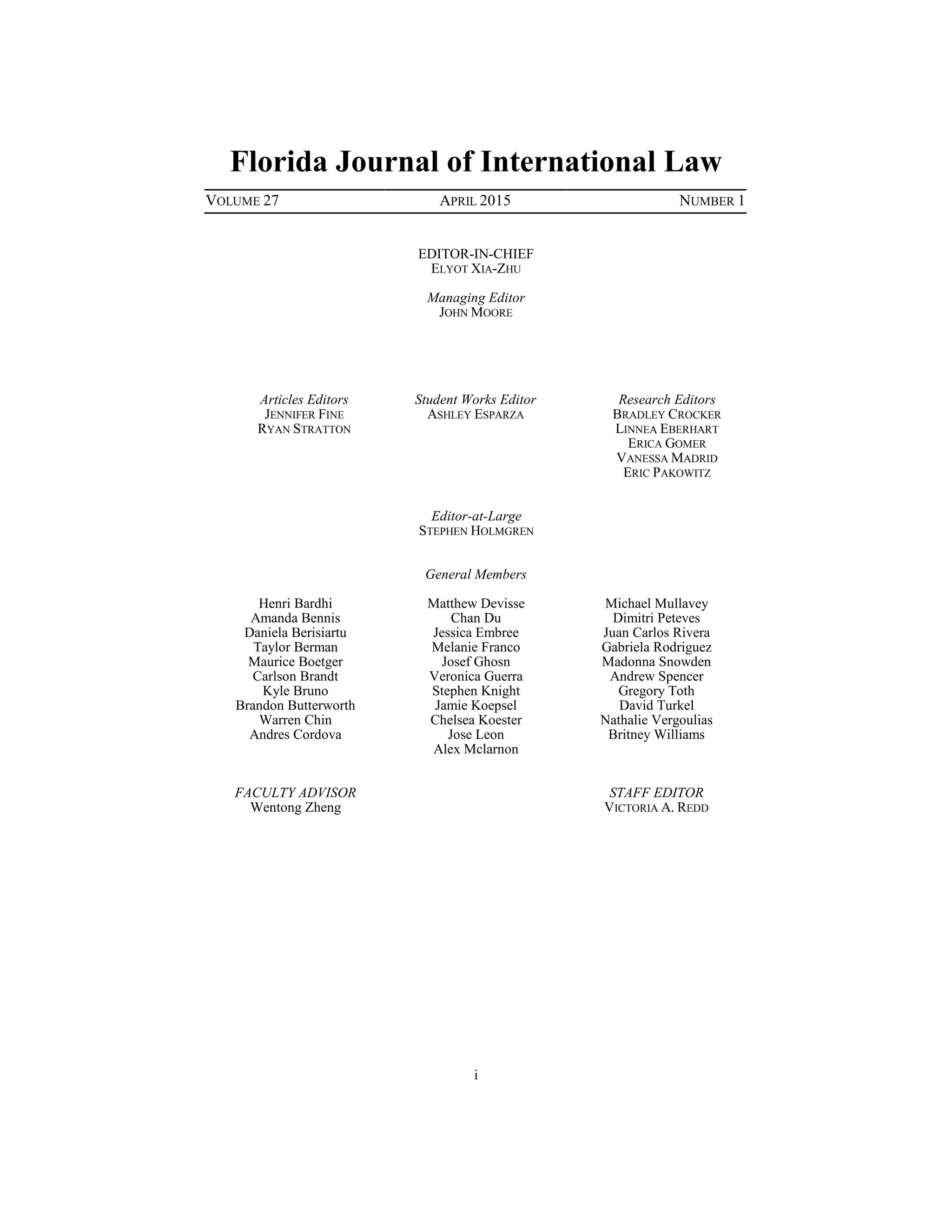 Florida Journal of International Law - 2015 Masthead | PDF