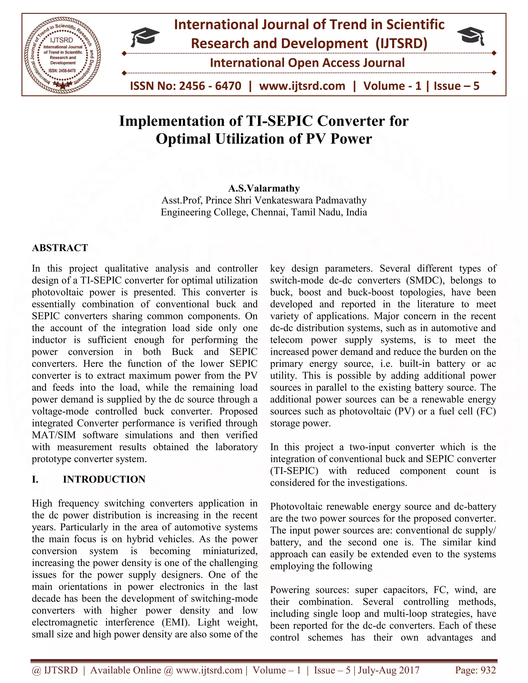 Implementation of TI-SEPIC Converter for Optimal Utilization Of PV Power | PDF