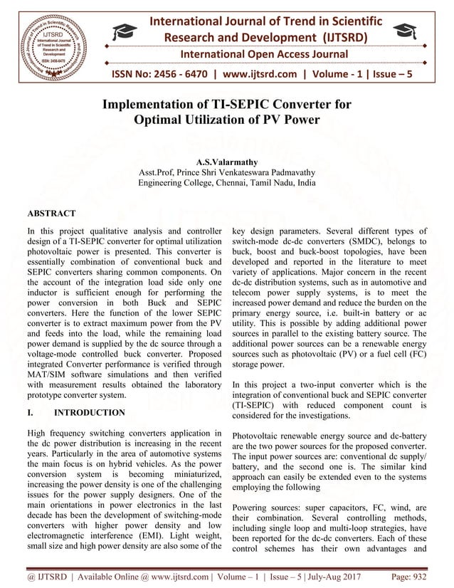 Implementation of TI-SEPIC Converter for Optimal Utilization Of PV ...