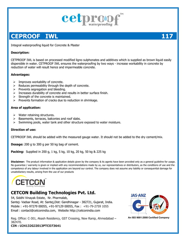 Integral waterproofing liquid for Concrete & Plaster | PDF