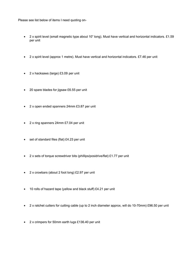 Please see list below of items I need... | PDF