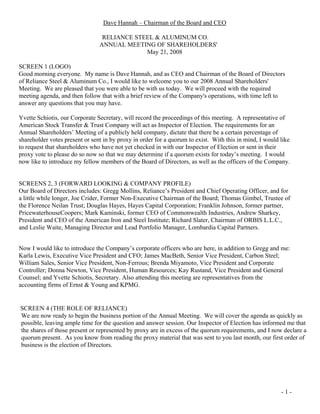 reliance steel & aluminum 2008_AnnualShareholder_Transcript | PDF