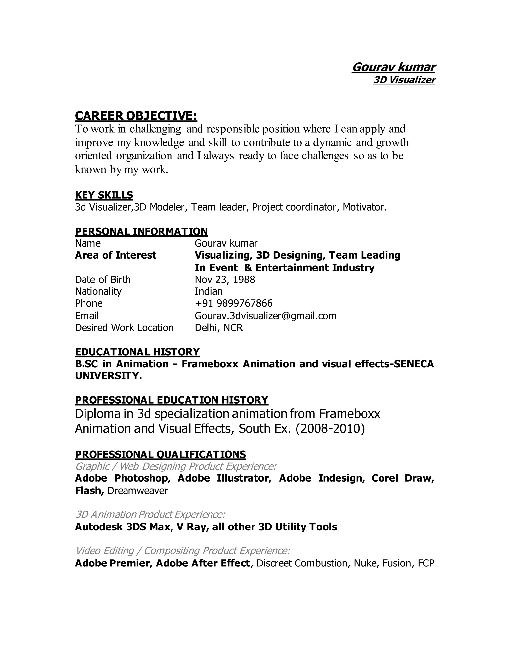 GOURAV 3D VISUALISER RESUME | DOCX