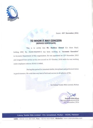 Colony Textile Experience Letter | PDF