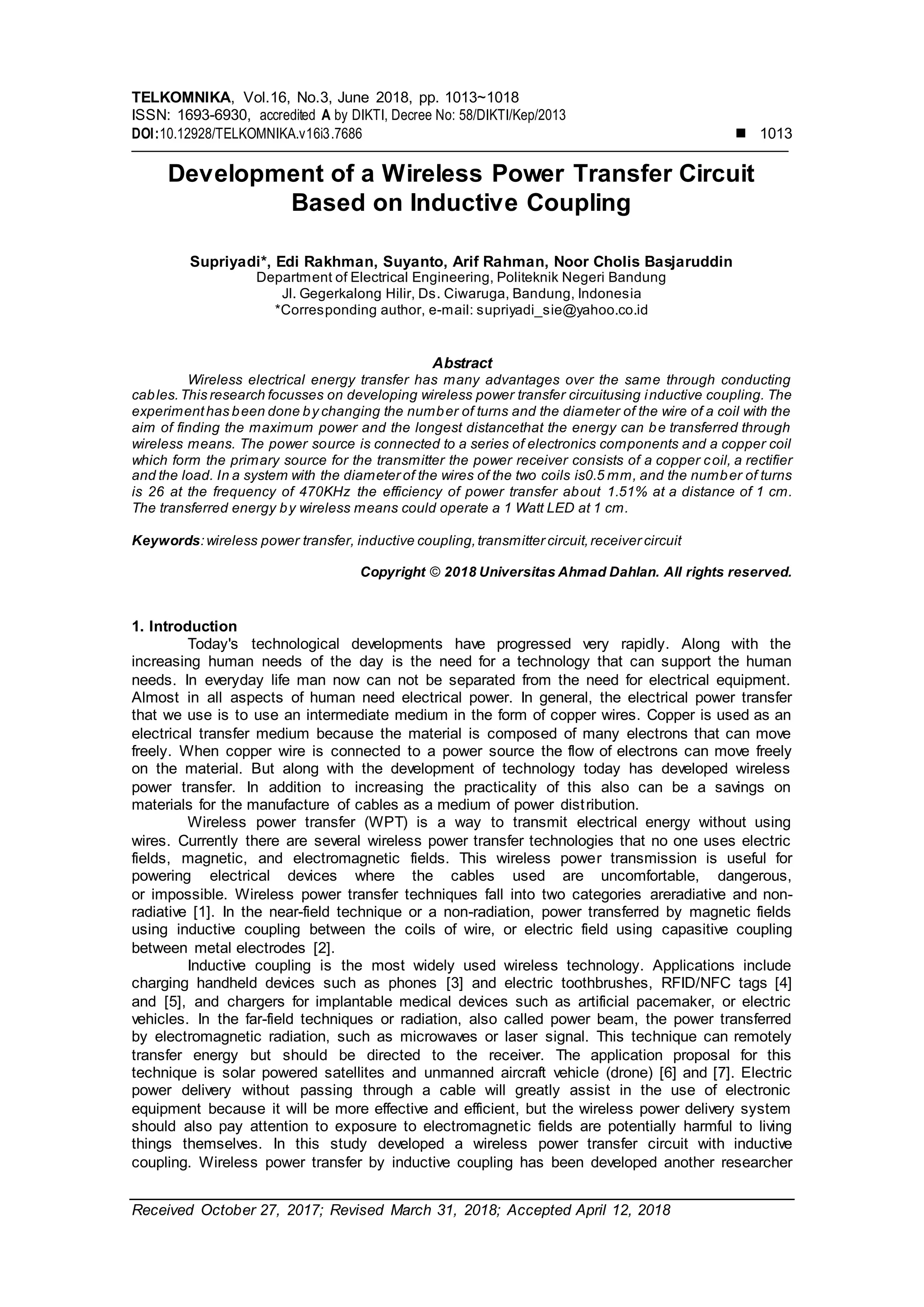 Development Of A Wireless Power Transfer Circuit Based On Inductive