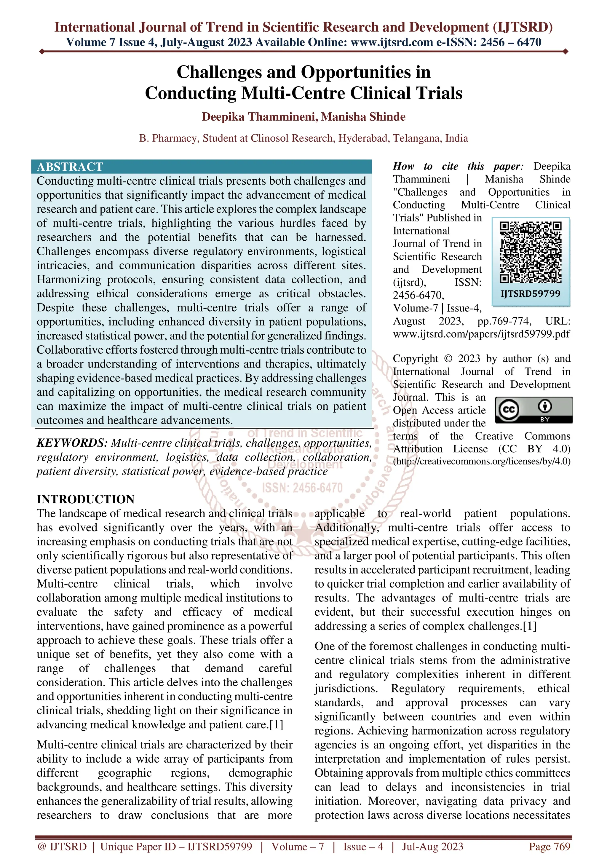 Challenges and Opportunities in Conducting Multi Centre Clinical Trials ...