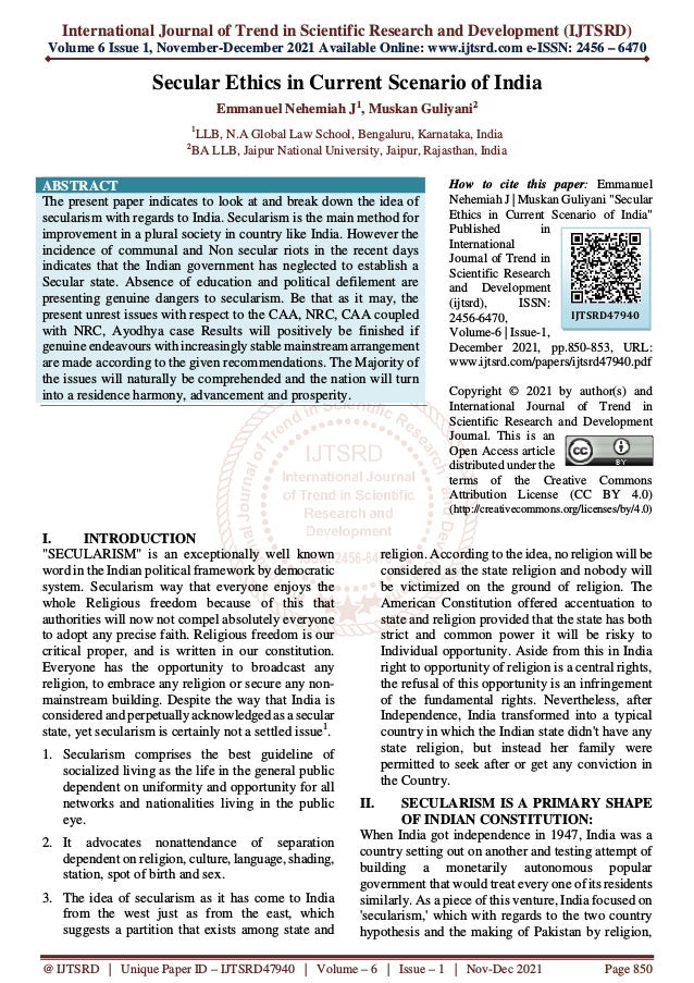 Secular Ethics in Current Scenario of India | PDF
