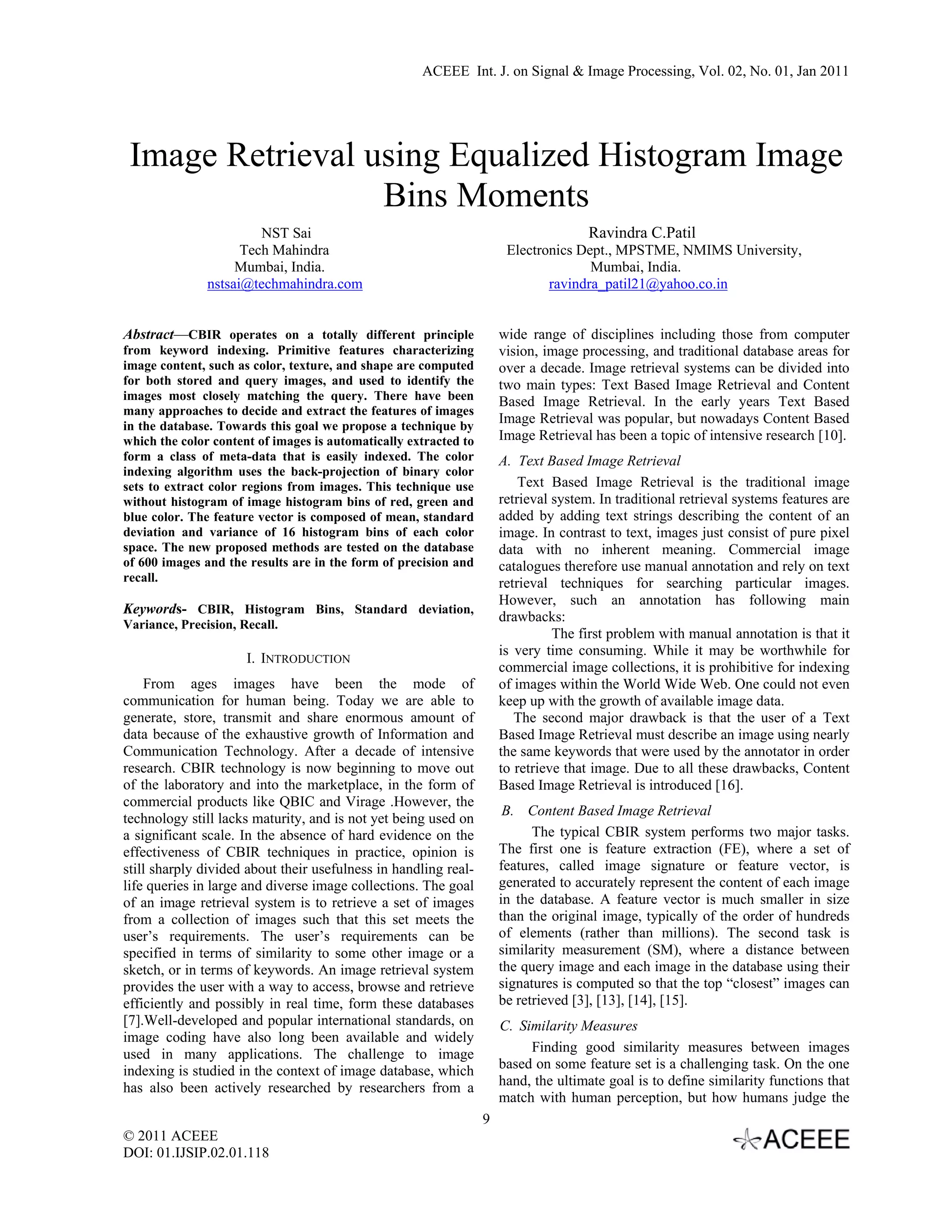 Image Retrieval using Equalized Histogram Image Bins Moments | PDF