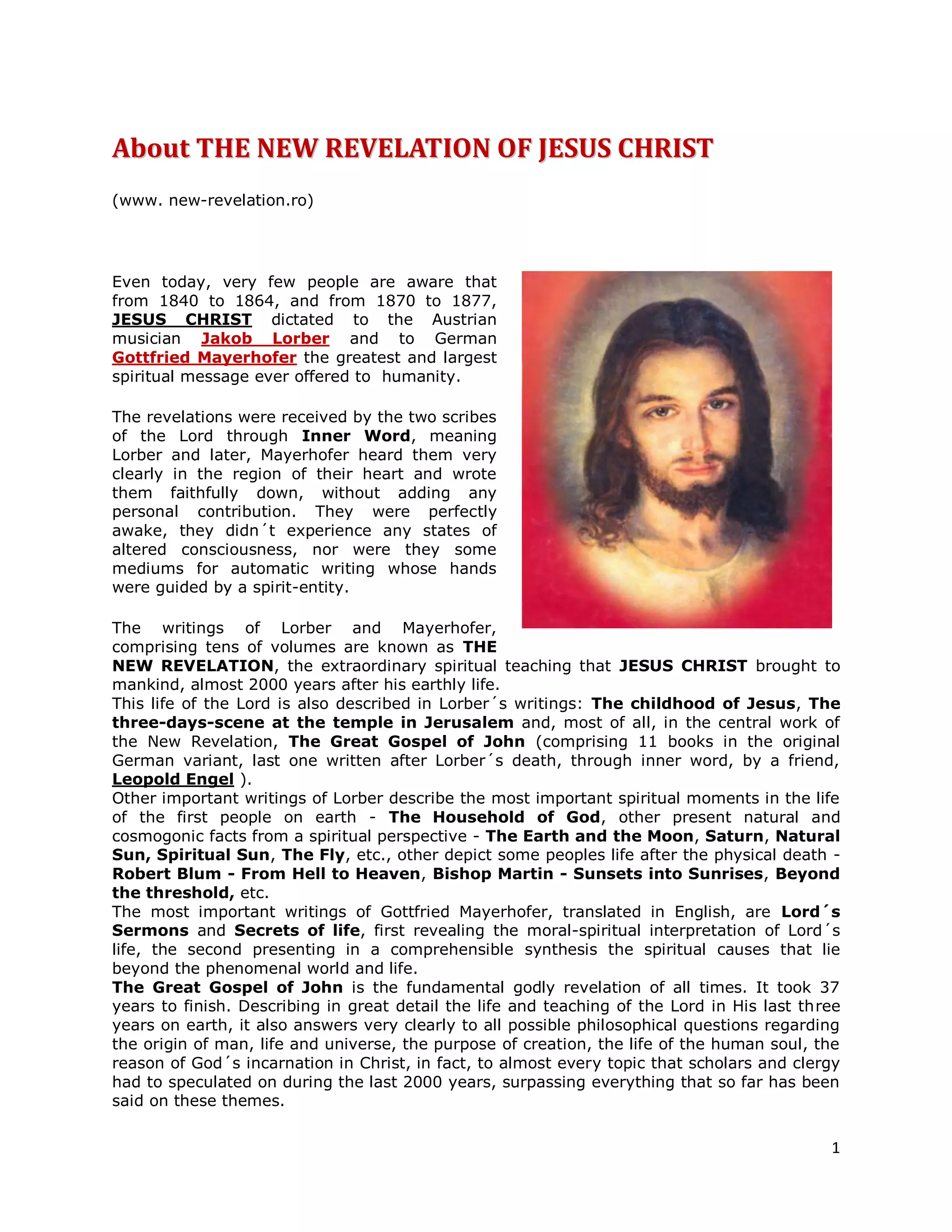 THE NEW REVELATION OF JESUS CHRIST through Jakob Lorber & Gottfried ...