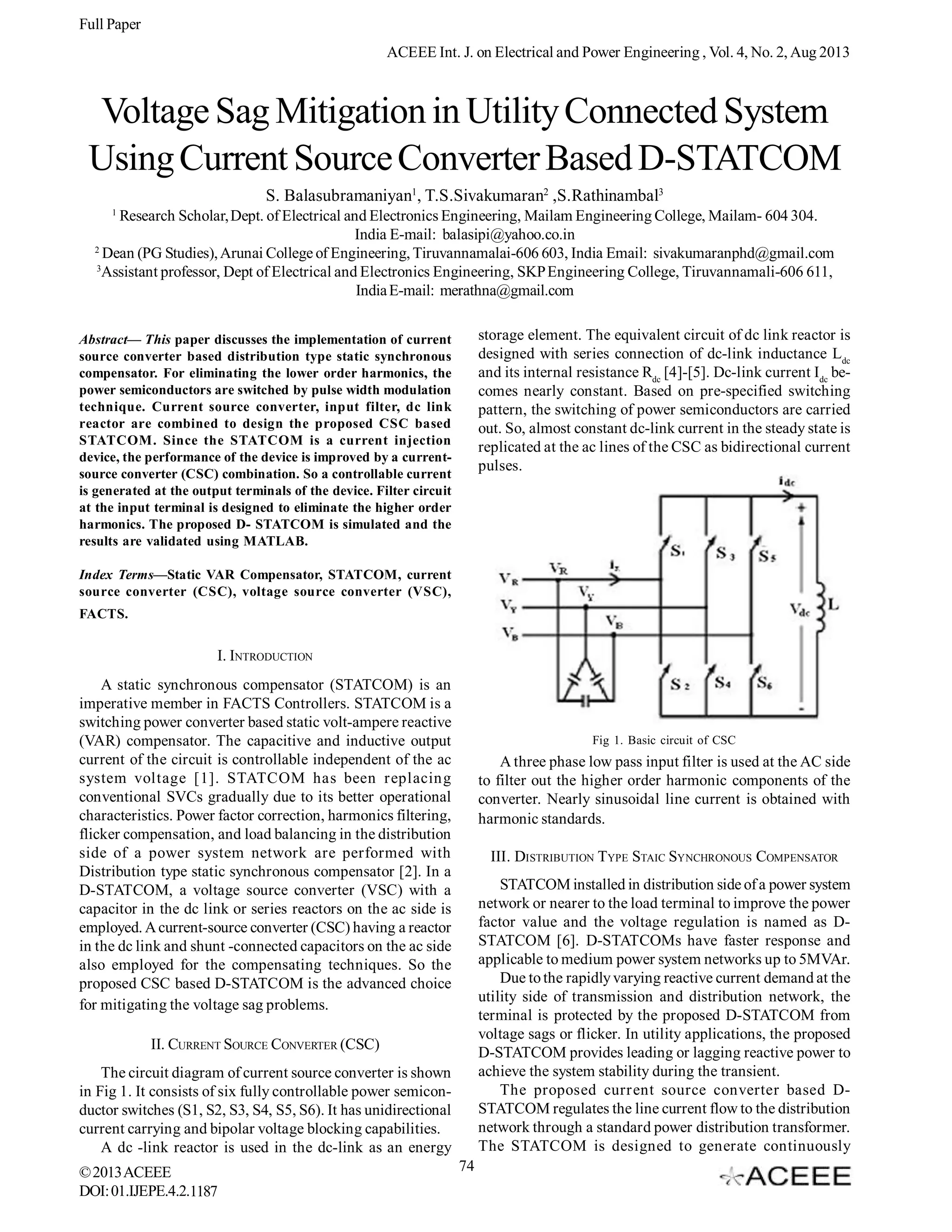 Voltage Sag Mitigation In Utility Connected System Using Current Source Converter Based D