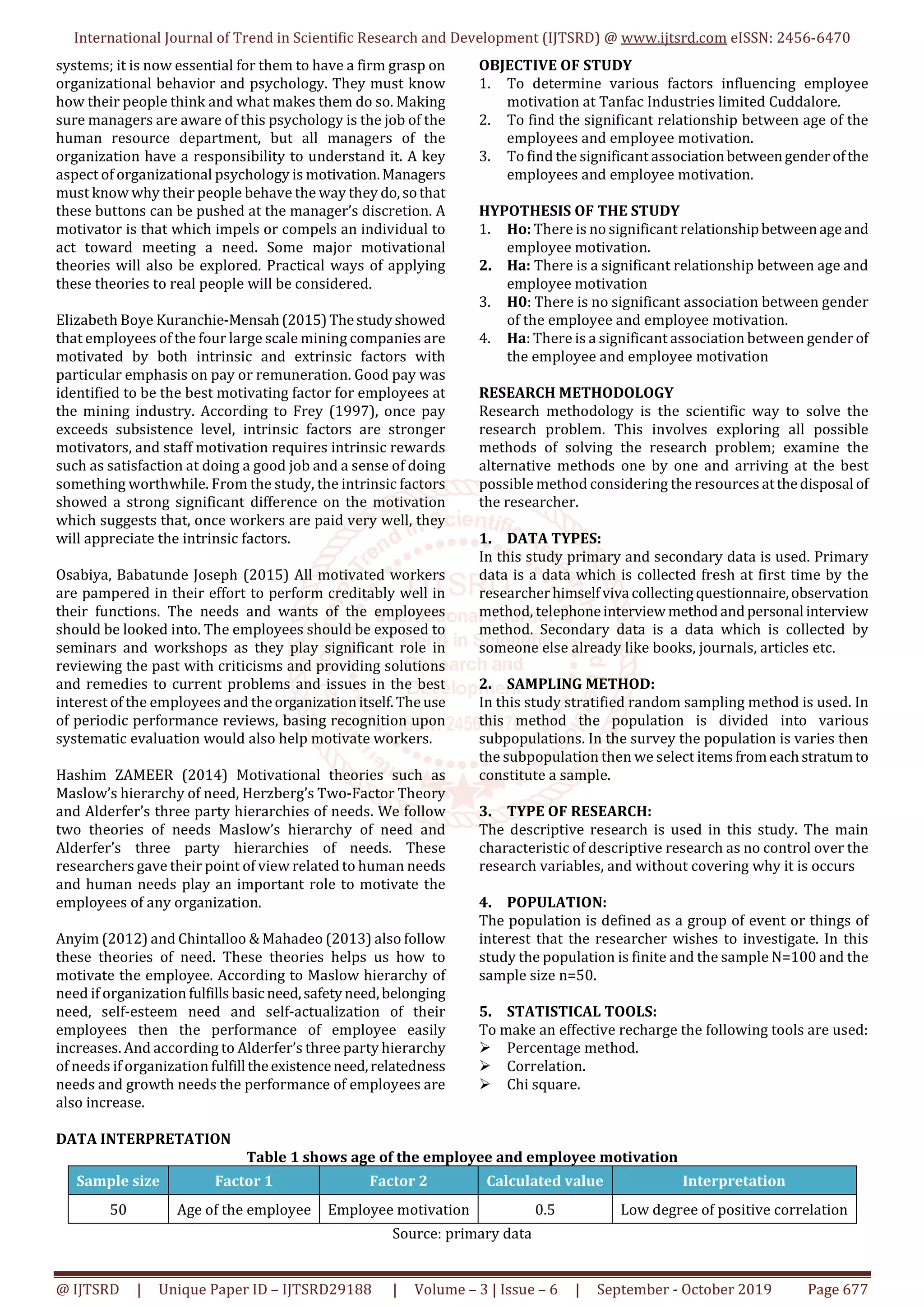 A Study on Employee Motivation at Tanfac Industries Limited Cuddalore | PDF