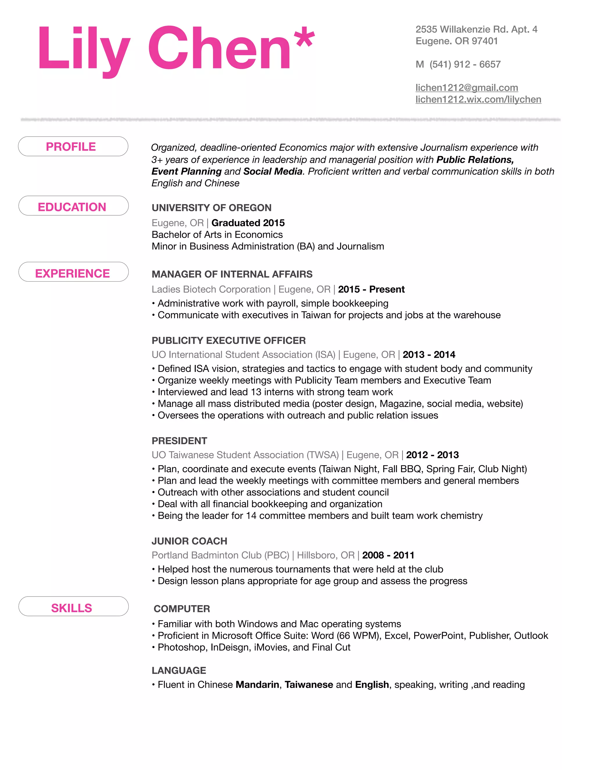 Lily Chen - Resume 2015 | PDF