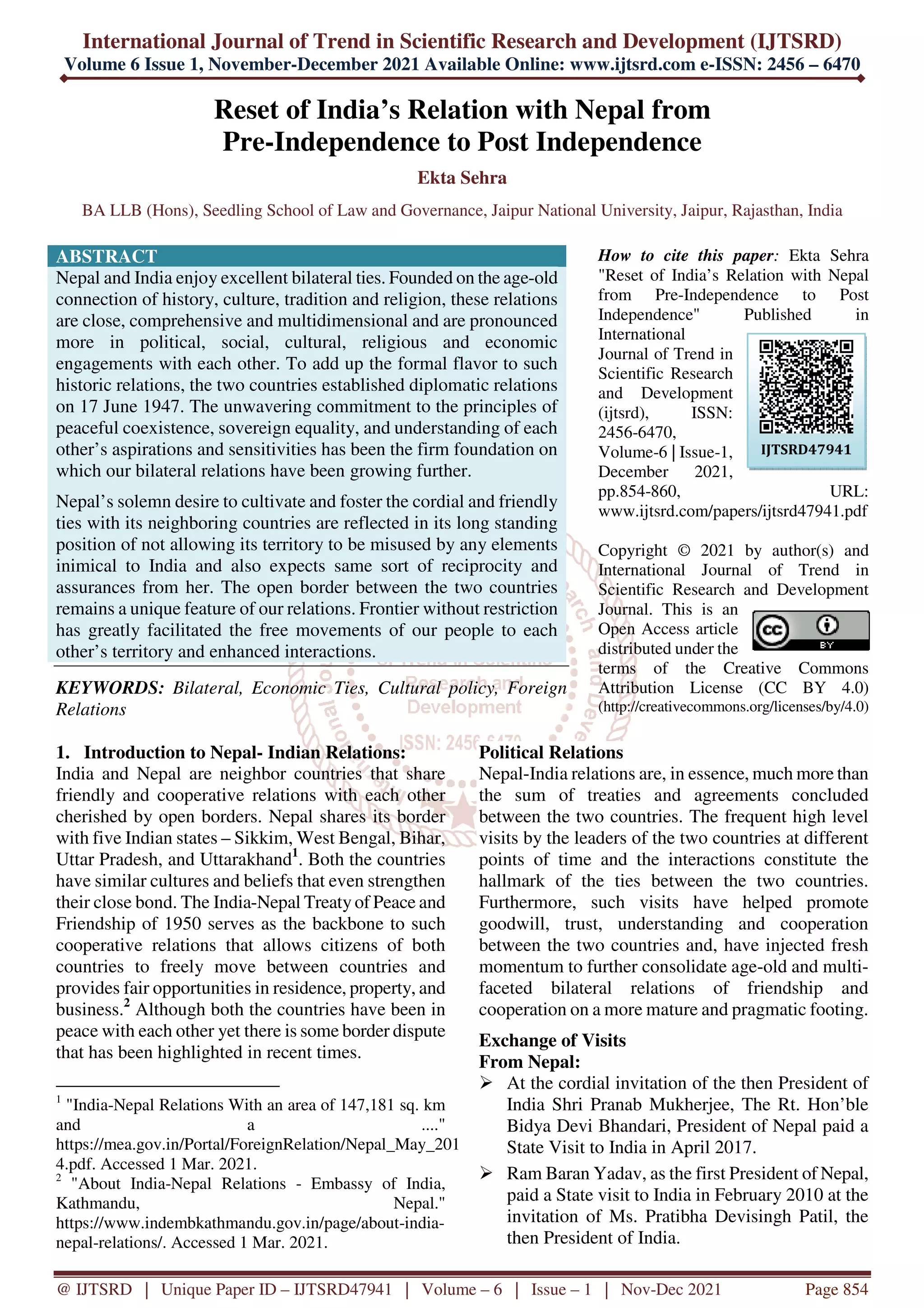 Reset of India’s Relation with Nepal from Pre Independence to Post ...