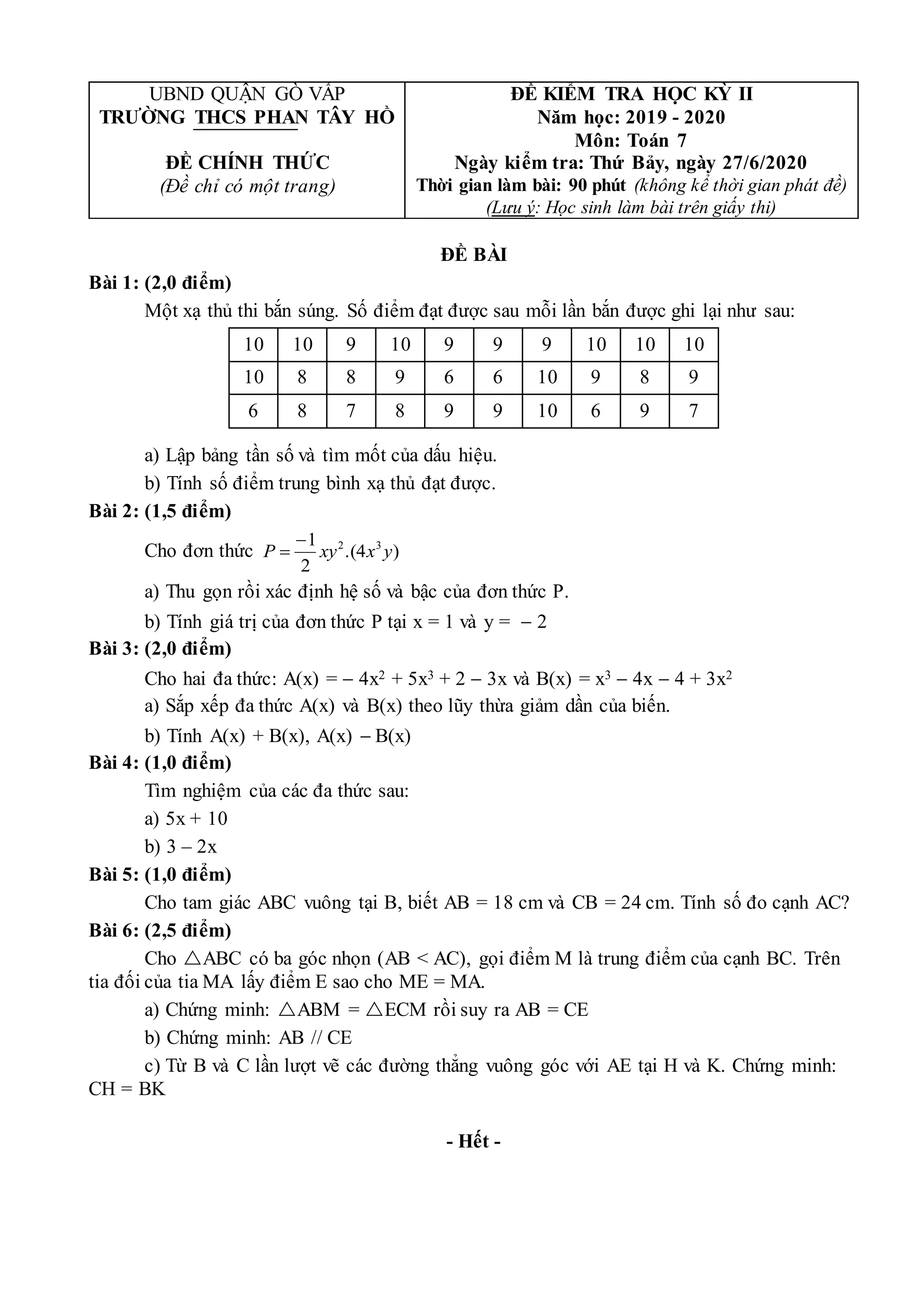 Đề Thi HK2 Toán 7 - THCS Phan Tây Hồ | DOC